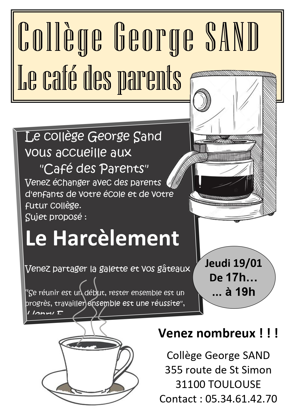 Café des parents : "Le Harcèlement" le 19 janvier - Vie du collège - George Sand de Toulouse